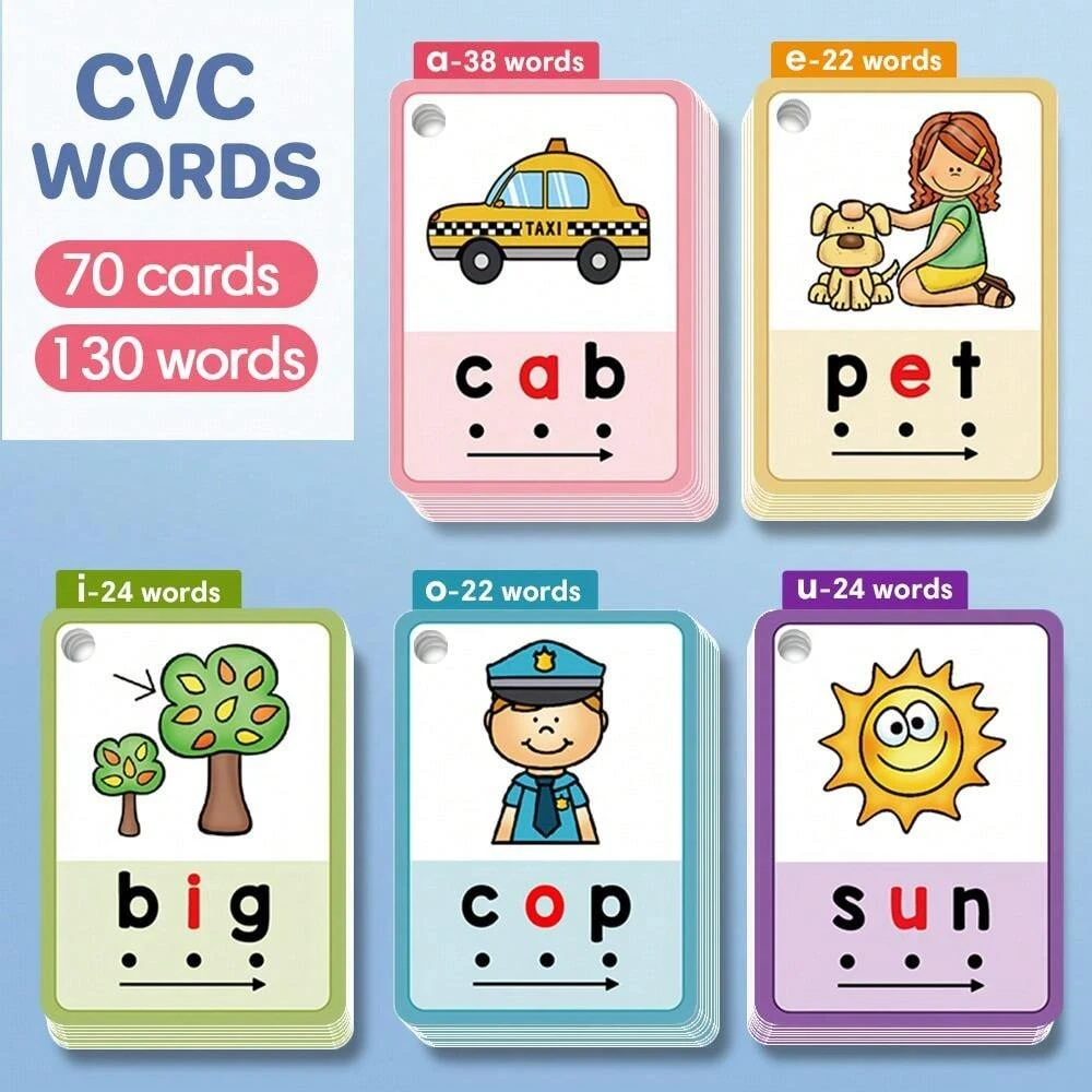 70 Cards CVC Words Flashcards Short Vowel Reading Letters Spelling Word ...