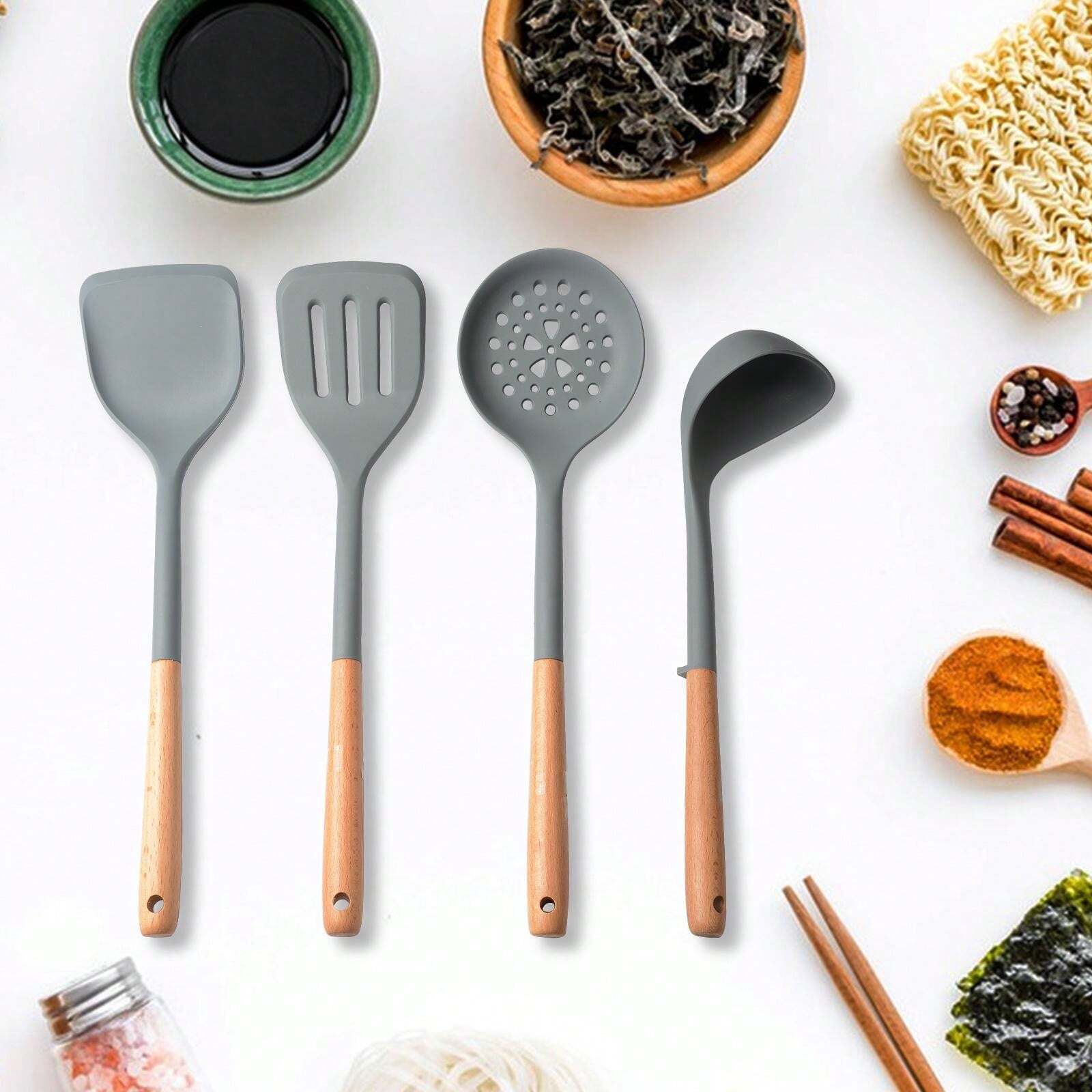 4pcs Silicone Kitchen Tool Set, Soup Ladle, Rice Paddle, Spatula, High ...