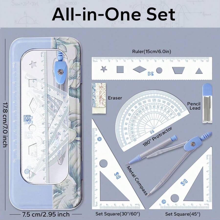 8 Pcs Geometry Set For Students With Metal Storage Box, Math Protractor ...