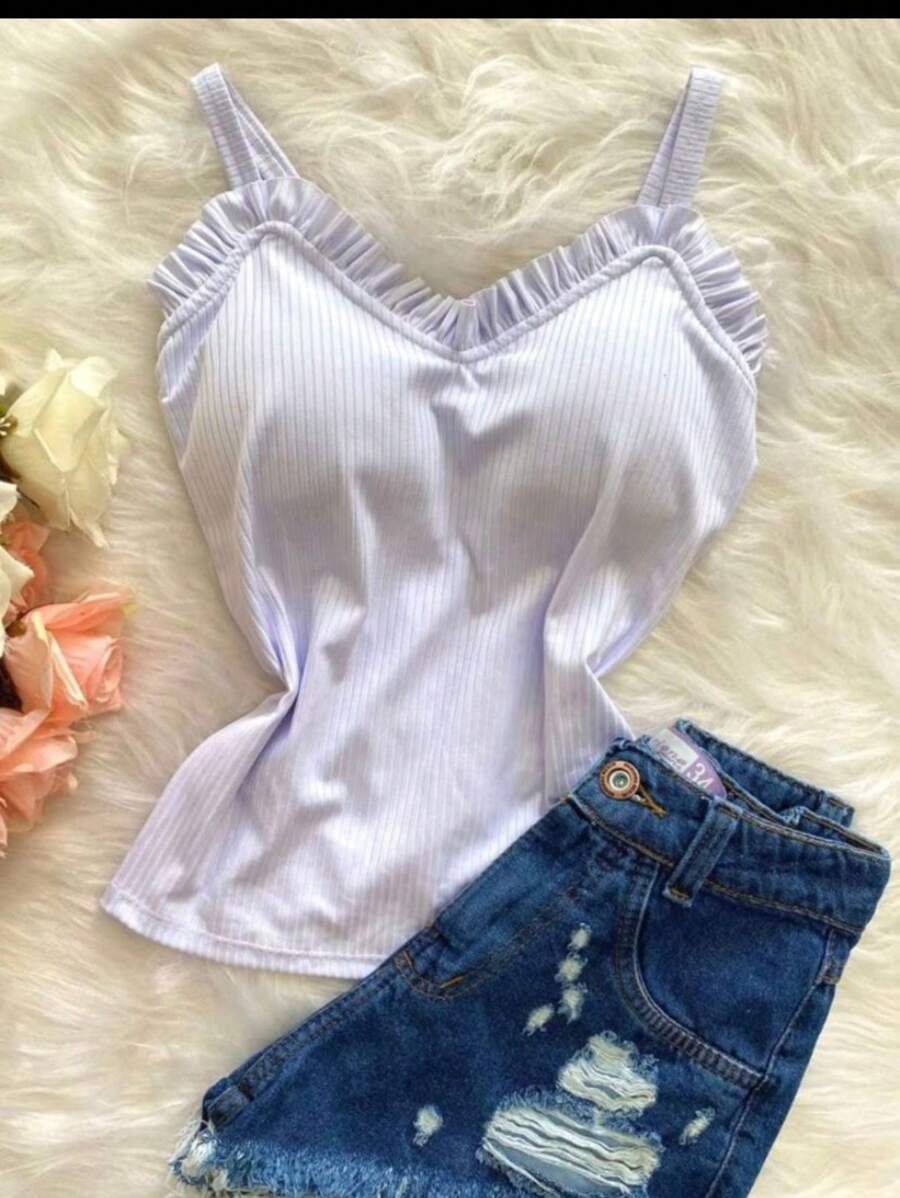 Ruffled Tank Top Women's Blouse With Ribbed Straps And Padded Basics ...