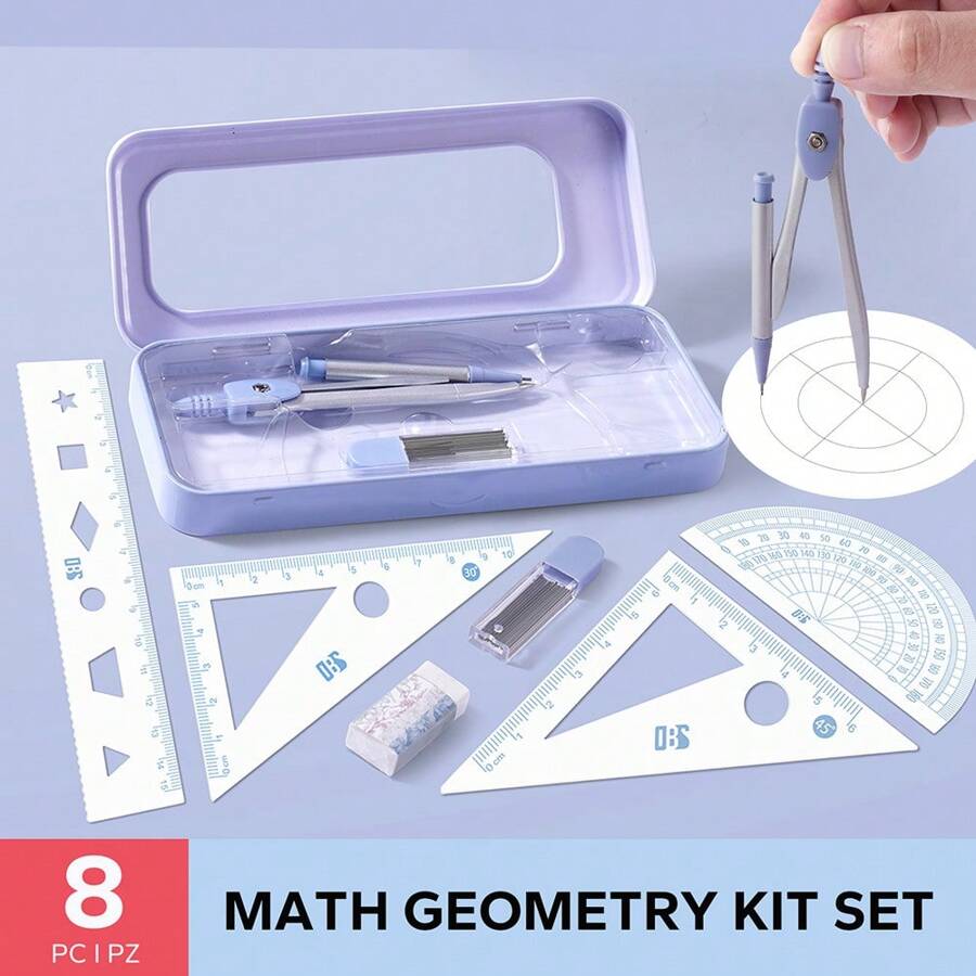 8 Pcs Geometry Set For Students With Metal Storage Box, Math Protractor ...