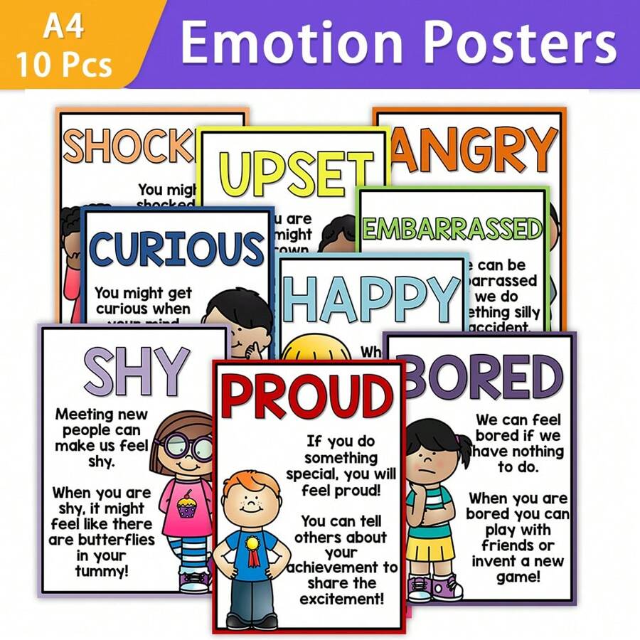 10 Pcs Educational English Emotion Posters For Kids Preschool, Learn ...