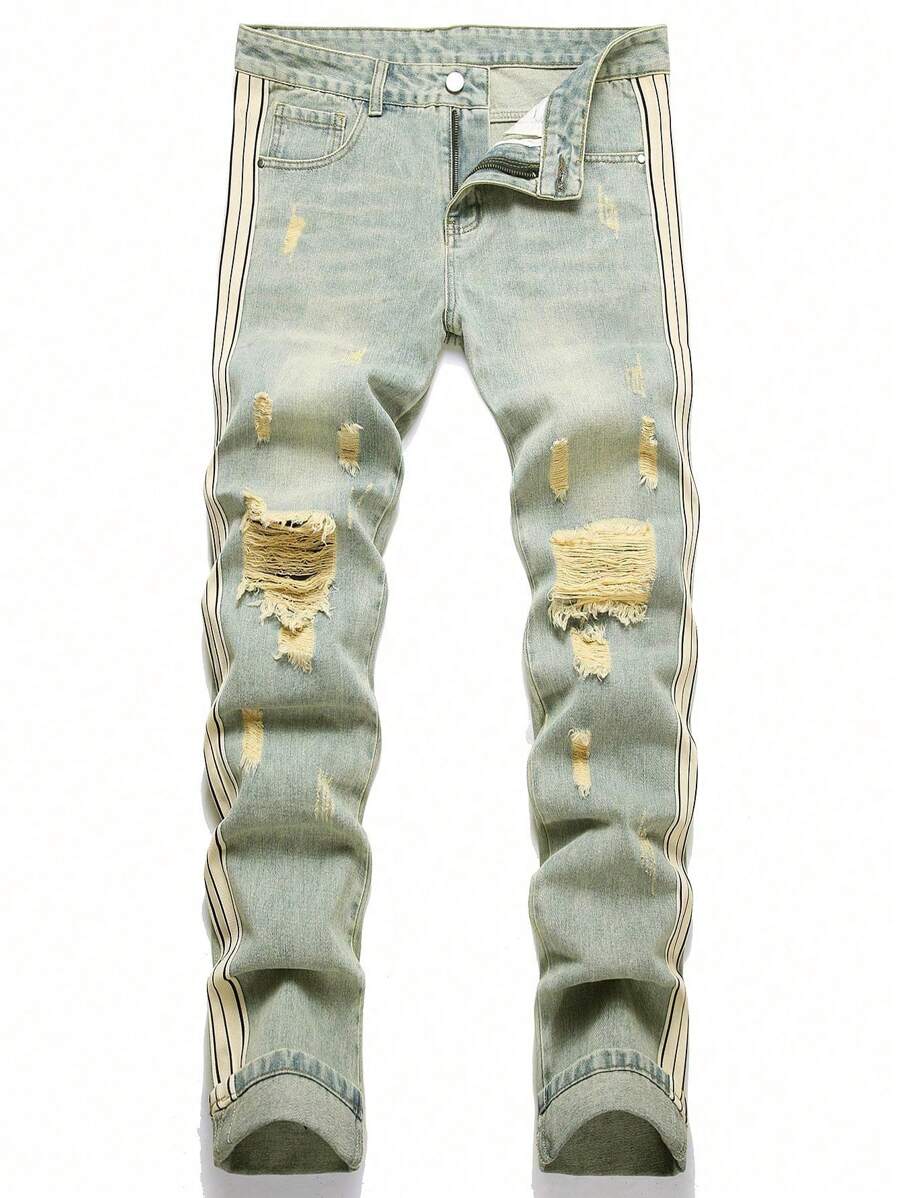 Men Ripped Frayed Contrast Side Seam Ripped Jeans | SHEIN USA