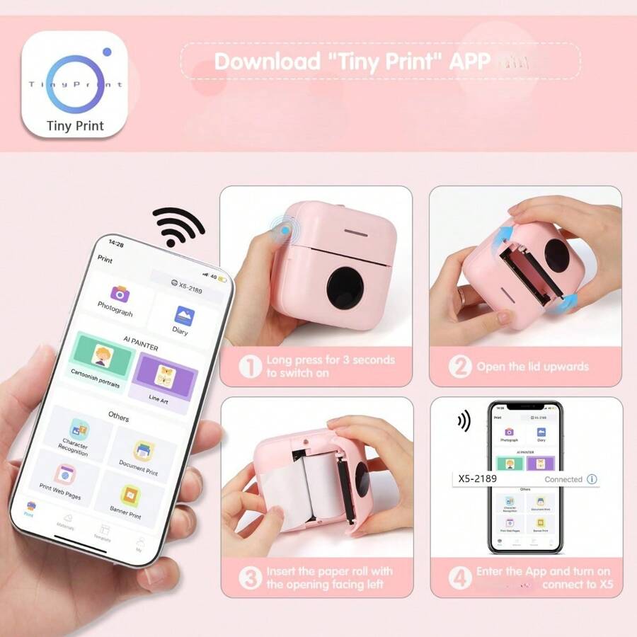 Mini Portable Printer, Inkless Sticker Printer With 6Rolls Paper, Mini ...