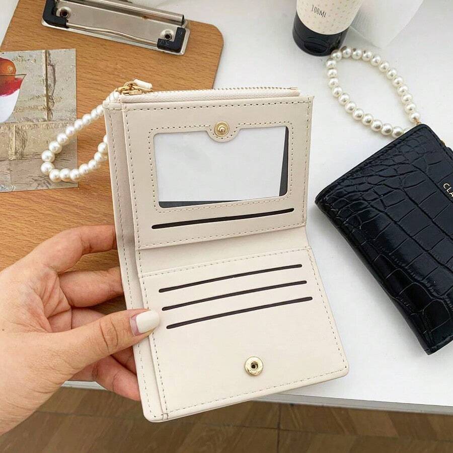 Women's Folding Wallet With Faux Pearls Chain Crocodile Grain Leather ...