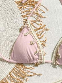 Bikinx Women Solid Color Stitching Ribbon Shell Decoration Triangle Cup ...