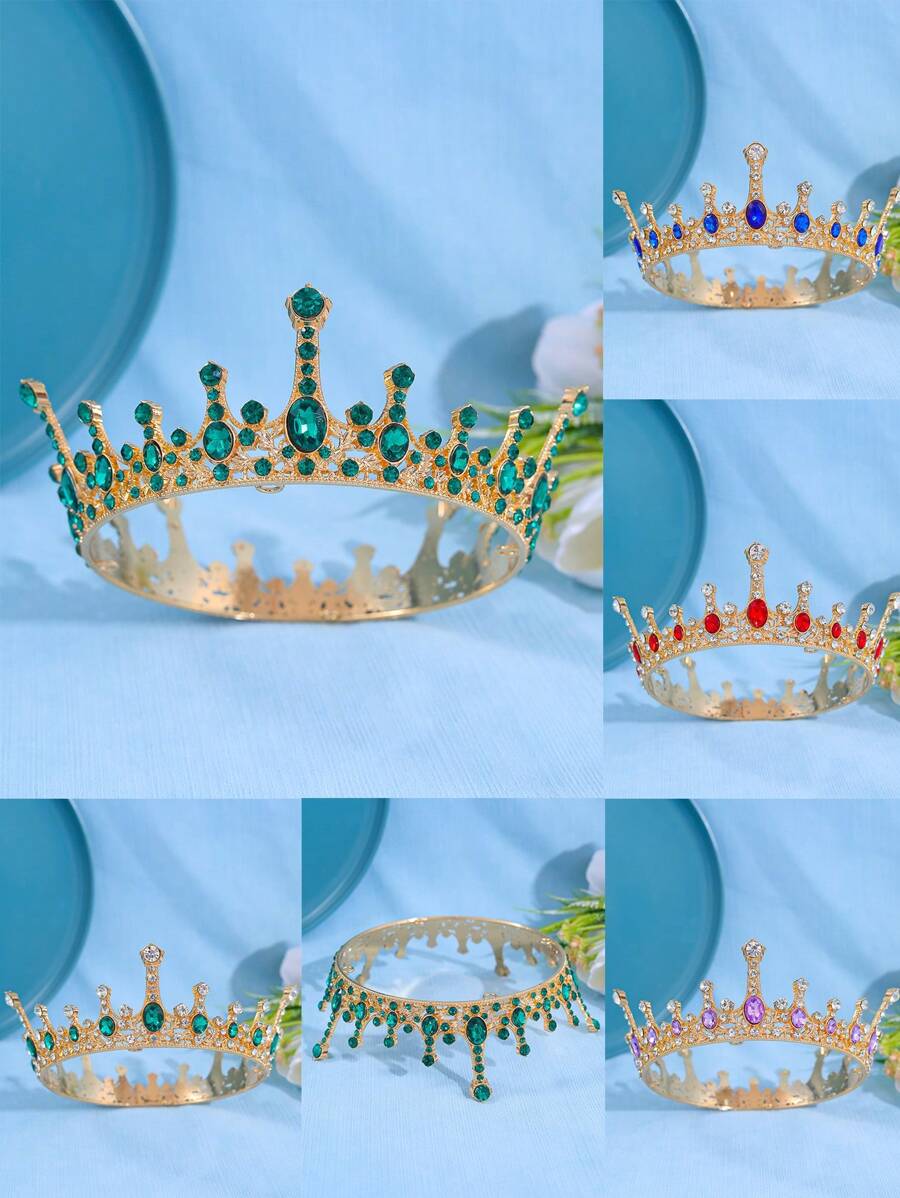 1pc Women's Baroque Crown Headpiece With Green Gemstone, Golden Queen ...