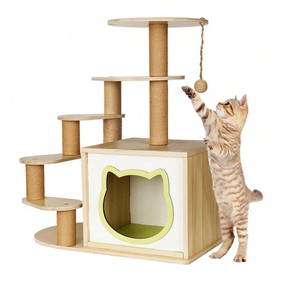 Wood Cat Tree 30in Multi-Level Building Block Cat Tower With Cat ...