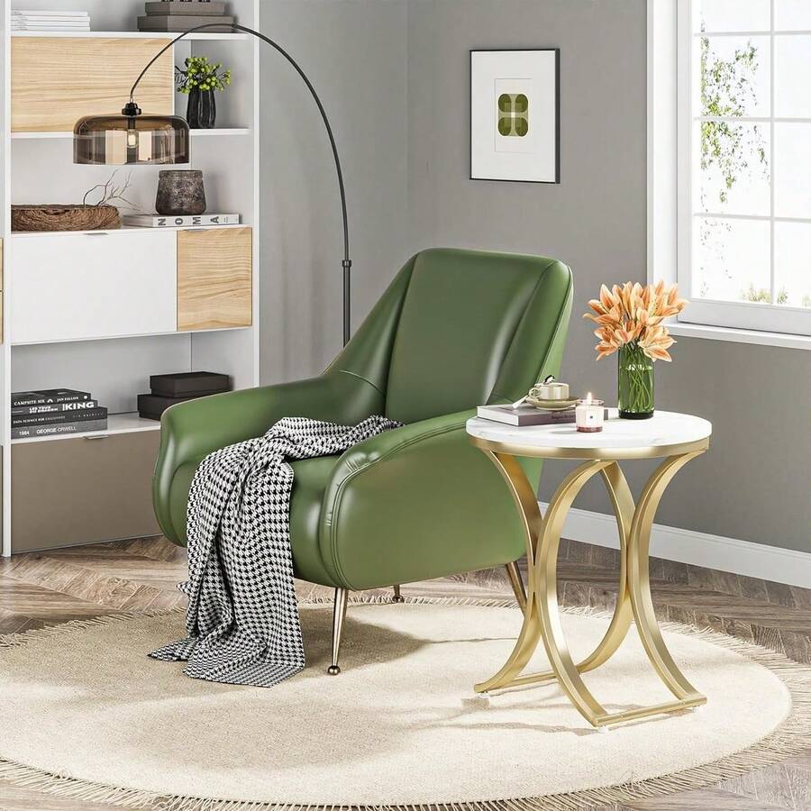 Tribesigns Set Of 2 Round Faux Marble Side Tables White Gold Modern ...