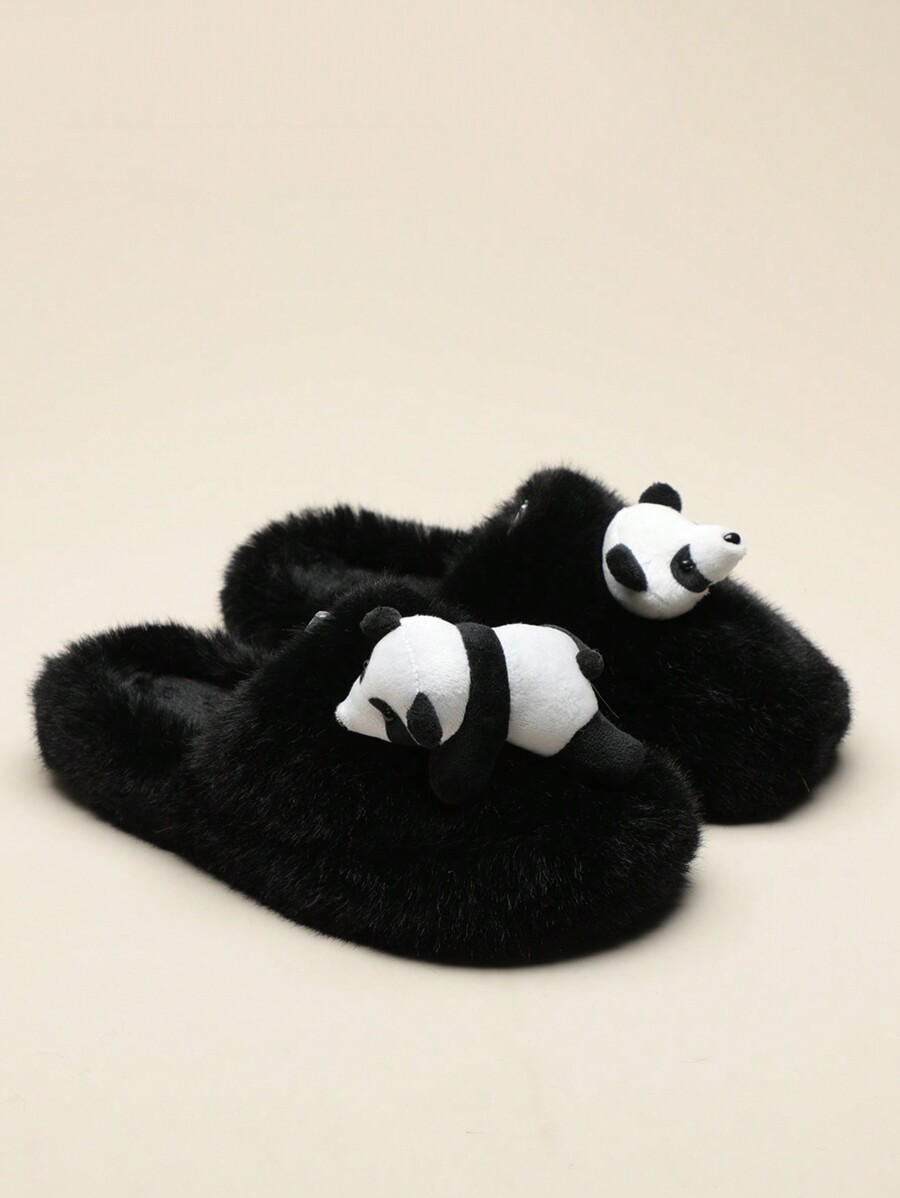Elegant Faux Fur Panda Head Slippers For Women, Comfy Indoor Furry ...