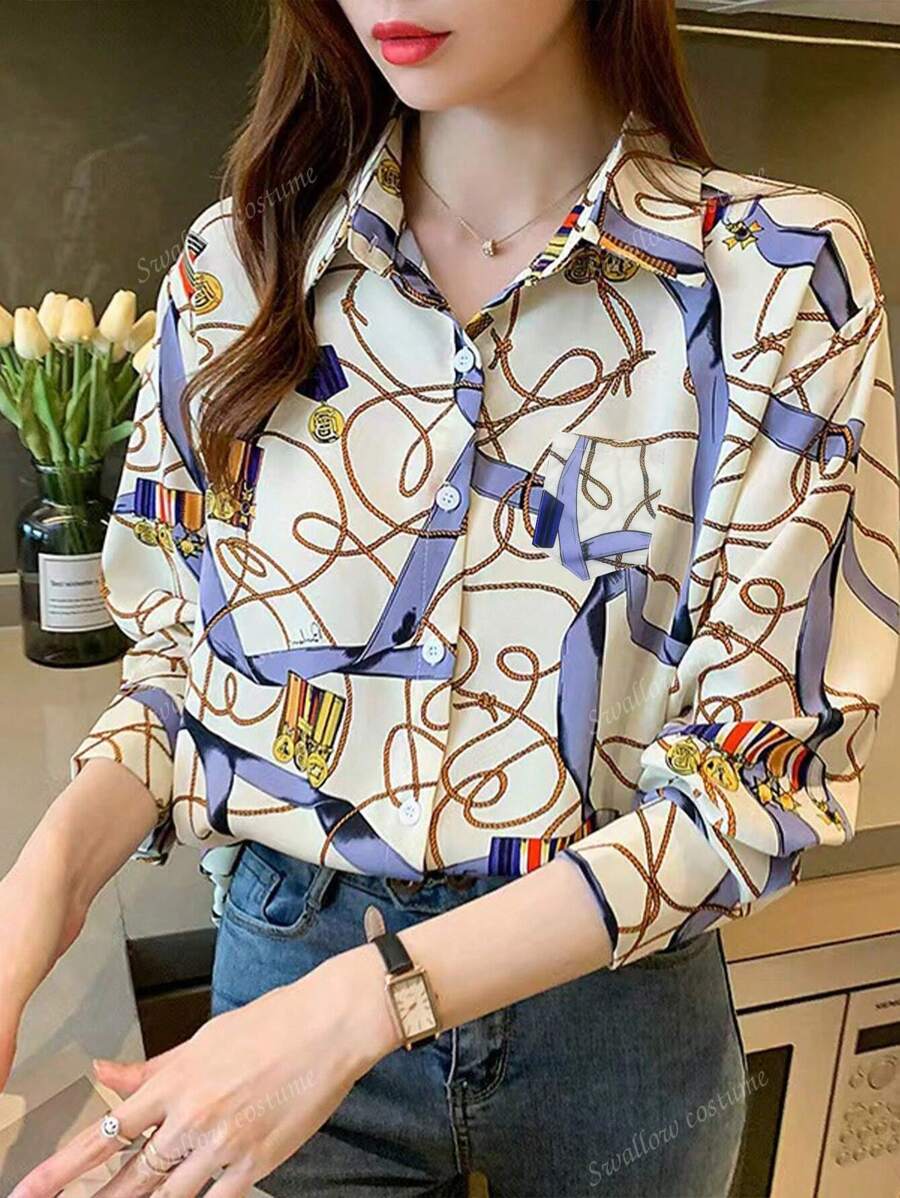 Vintage Fashionable Heavy Silk Chain Floral Print Long Sleeve Shirt ...