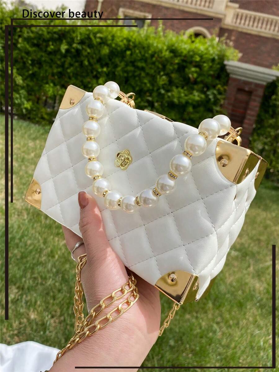 1pc New Solid Color Quilted Rhombus Faux Pearl Rhinestone Decor Handbag ...