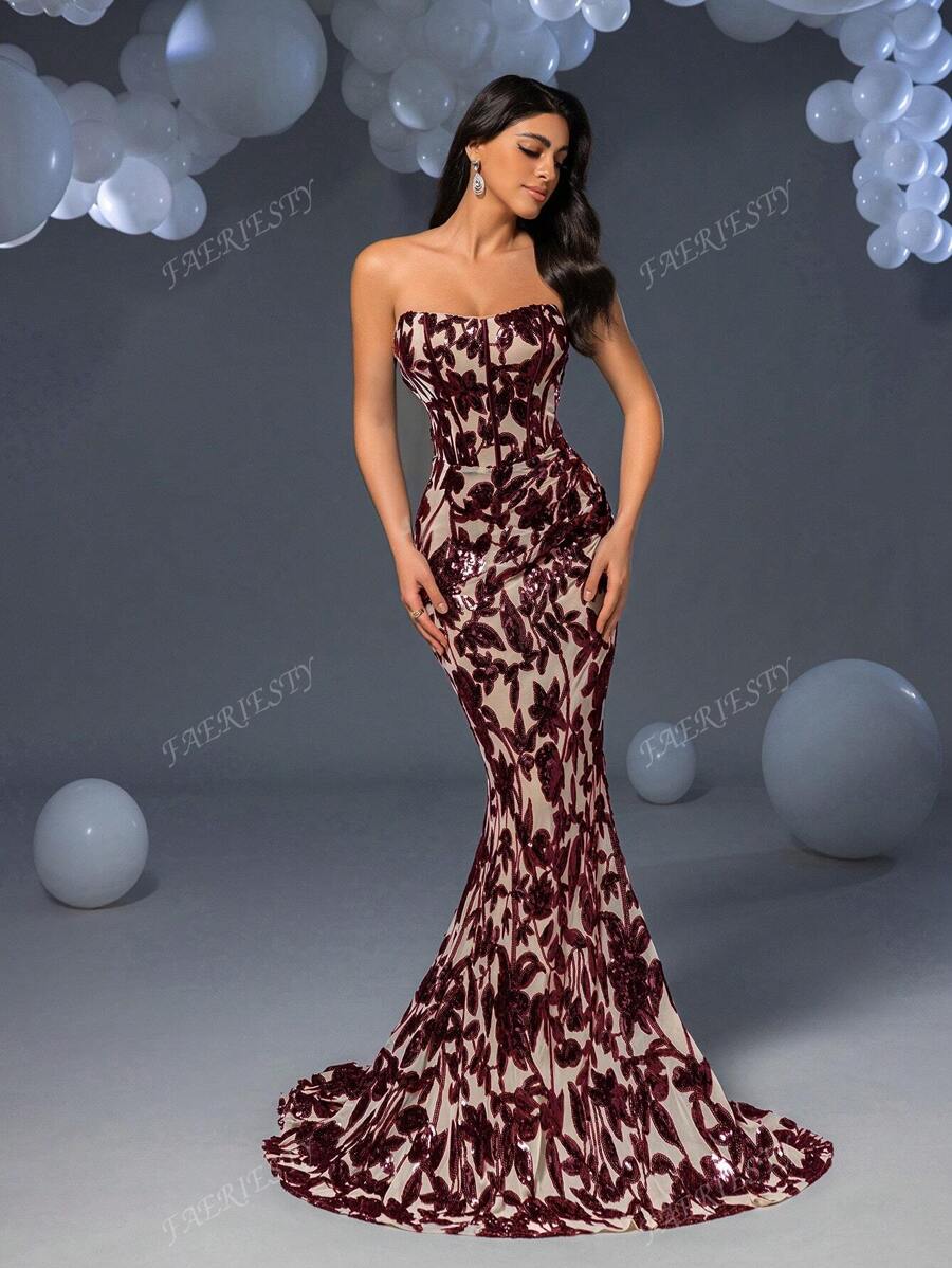 Faeriesty Floral Sequin Mermaid Hem Tube Party Dress, Elegant Formal Evening Prom Gown, For ...