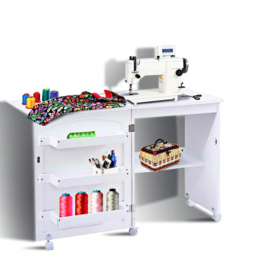 Folding Sewing Table W/ Storage, Rolling Craft Table W/ Lockable ...