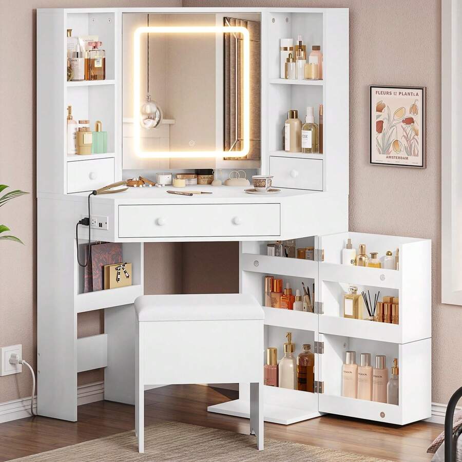 Vanity Desk With Lighted Mirror And Charging Station, Vanity Set With ...