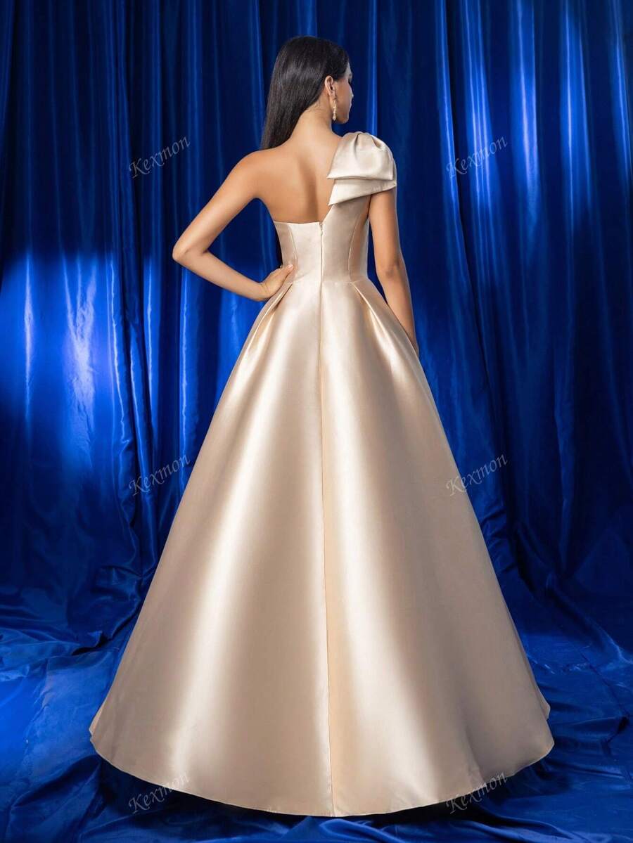 Elegant Luxury Handmade Bowknot Pearl Embroidered Champagne Satin Fabric Party Cocktail Formal ...