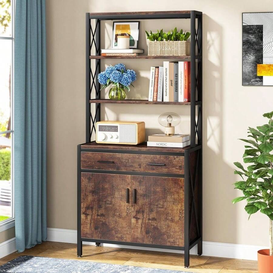 Bookshelf With Drawer 4-Tier Bookcase With Doors Tall Industrial Book ...