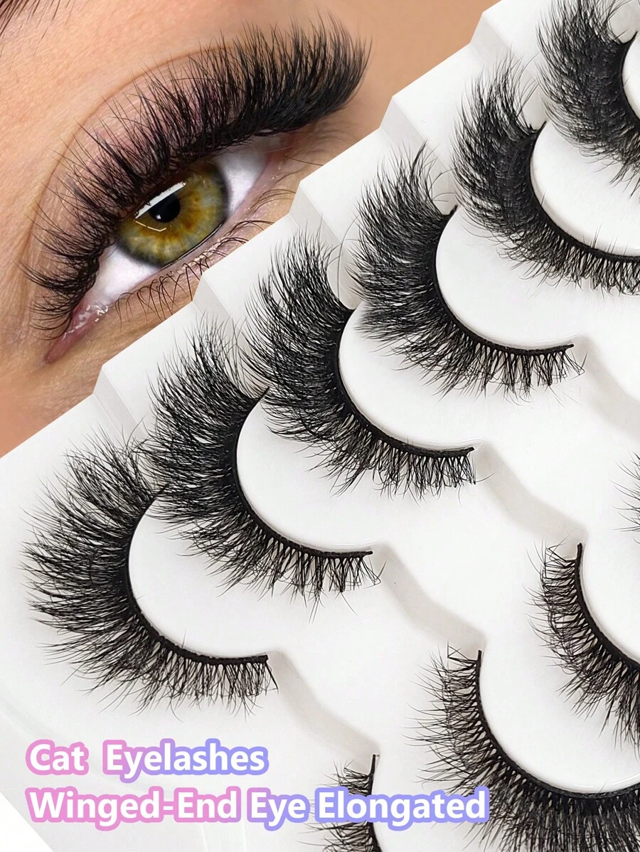 Asiteo 7 Pairs Cat-Eye Faux Mink Eyelashes Curled Winged Natural ...