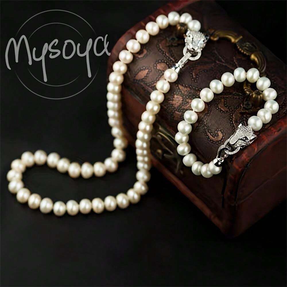 MYSOYA ชุดสร้อยคอและสร้อยข้อมือจากไข่มุกจืดแท้ 100% ทำด้วยมือ พร้อมตัว ...