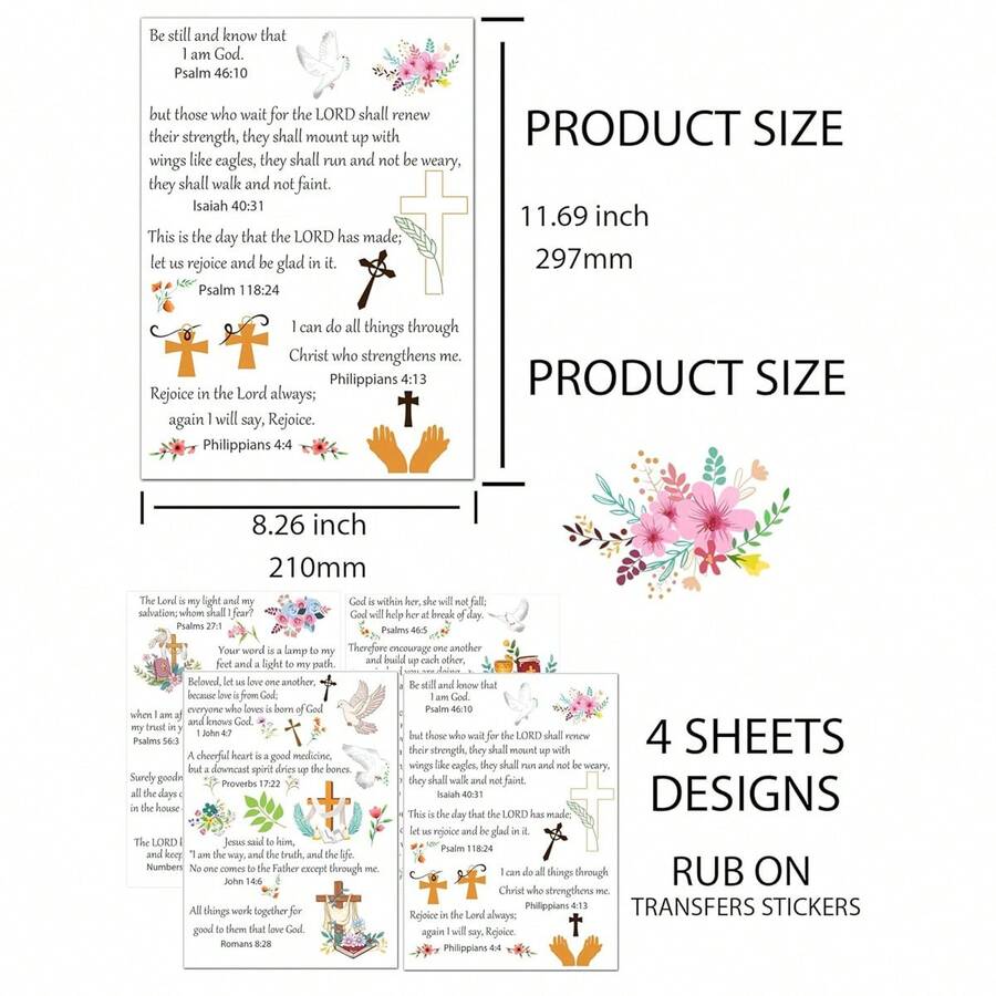 4 Sheets Rub On Transfers Stickers Bible Verse Motivational Faith ...