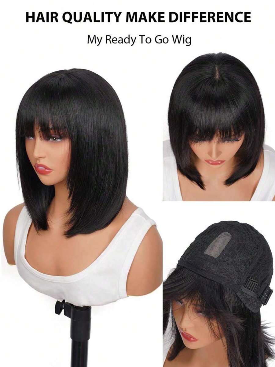 Put On And Go Realistic Natural Black Wigs Layer Cut Glueless Straight Bob With Bangs Minimalist ...