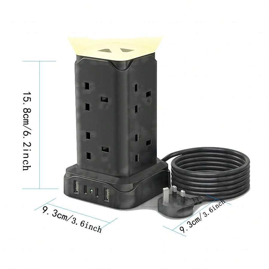 Uk Multi Functional Tower Electrical Sockets With Night Light With 8 Ac Sockets And 4 Usb Ports