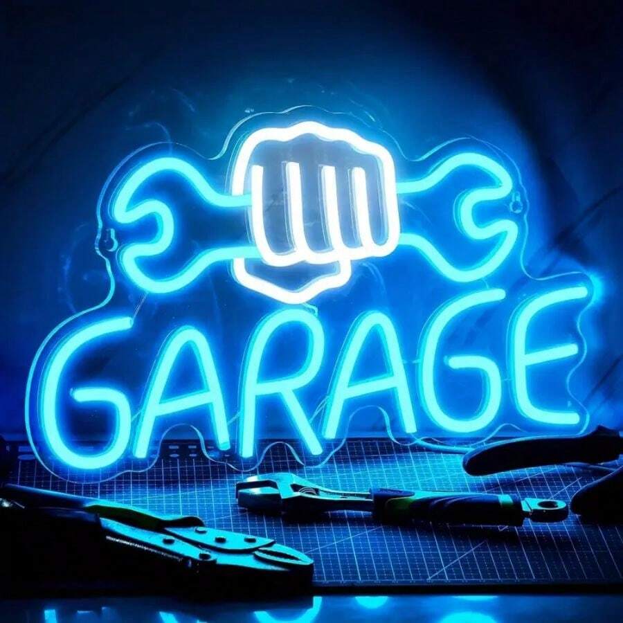 Garage Neon Sign White And Blue Wrench Shaped LED Neon Wall Decorative ...