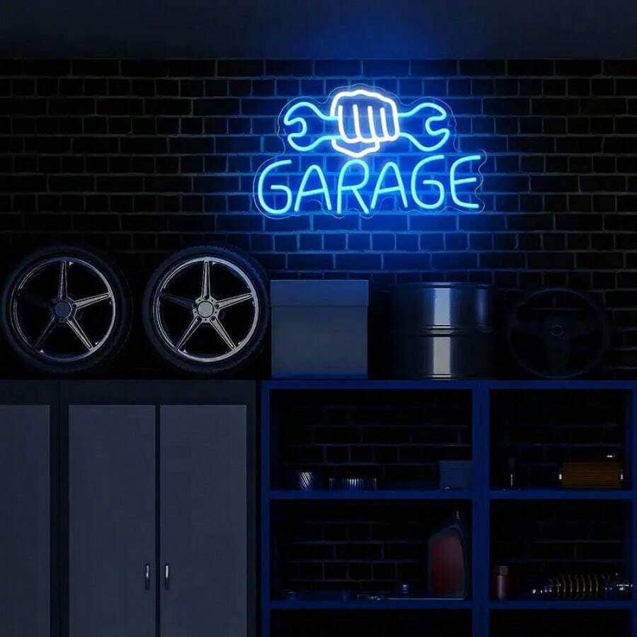 Garage Neon Sign White And Blue Wrench Shaped LED Neon Wall Decorative ...