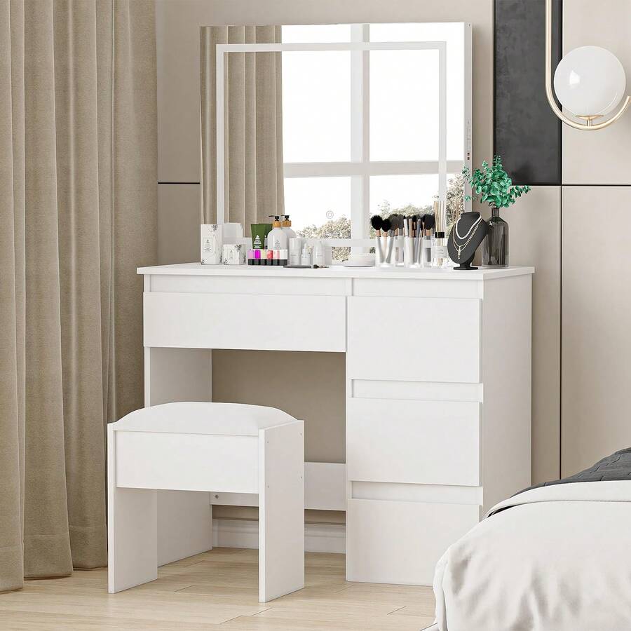 Makeup Vanity Desk With Mirror & Lights - Large Table With Power Outlet ...