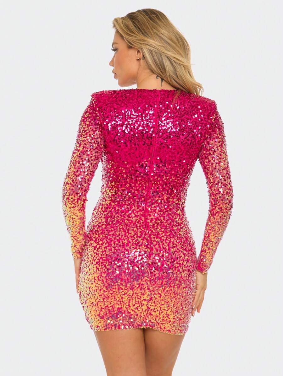 Sexy Sequin Ombre Mini Dress With Long Sleeves - 2025 New Glitter Skirt ...