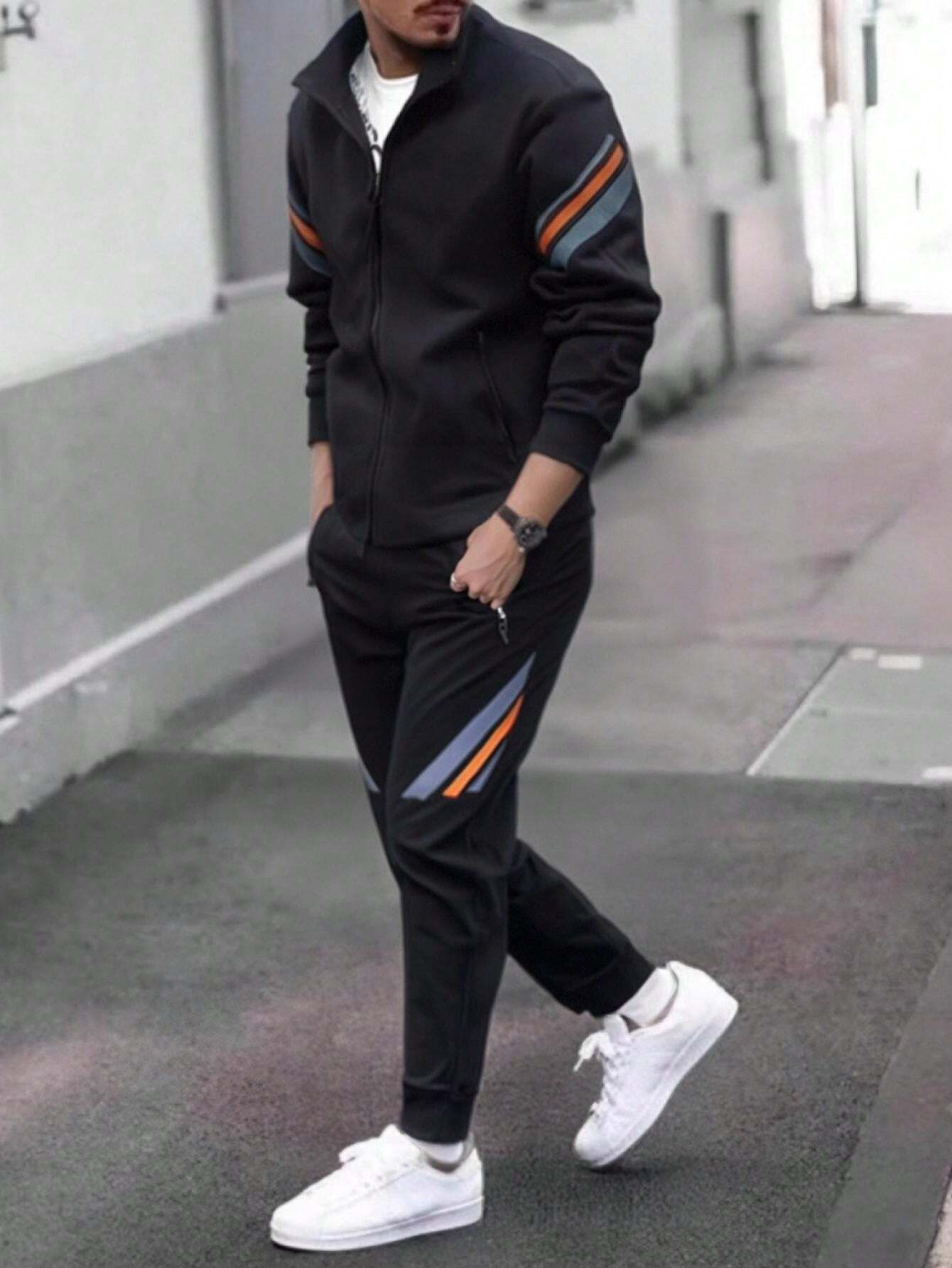 2pcs/Set Men's Casual Sports Zip-Up Hoodie And Pants Tracksuit, Stand ...