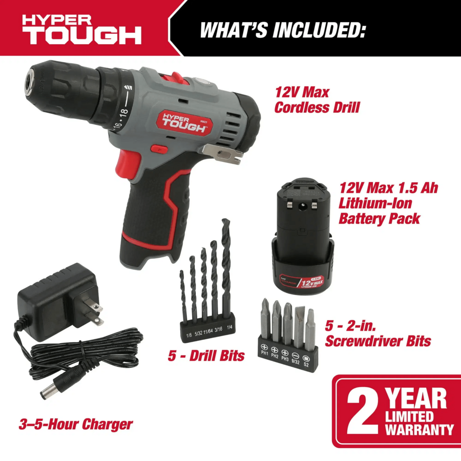 Hyper Tough 12V Max Lithium-Ion Cordless 2-Speed Drill Driver With 1.5Ah Battery And Charger ...