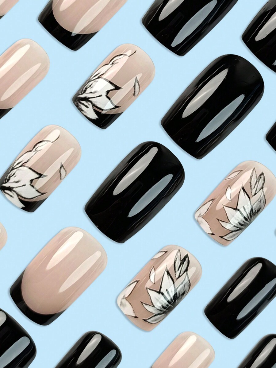 24pcs Short Nails Square French Ink Flower Petal Shadow Design Nail Art ...
