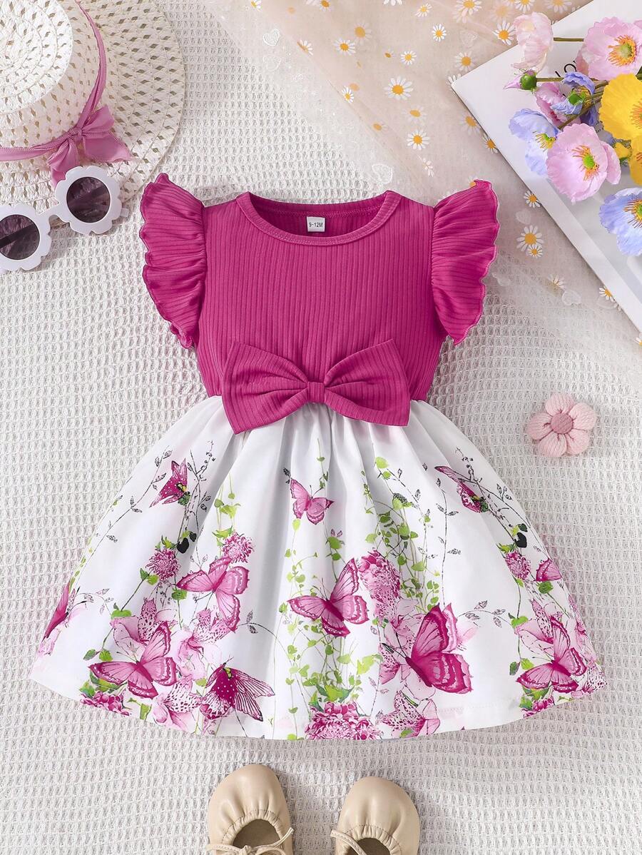 Baby Girl Summer Cap Sleeve Butterfly Print Bow Decor Waist Cute Dress ...