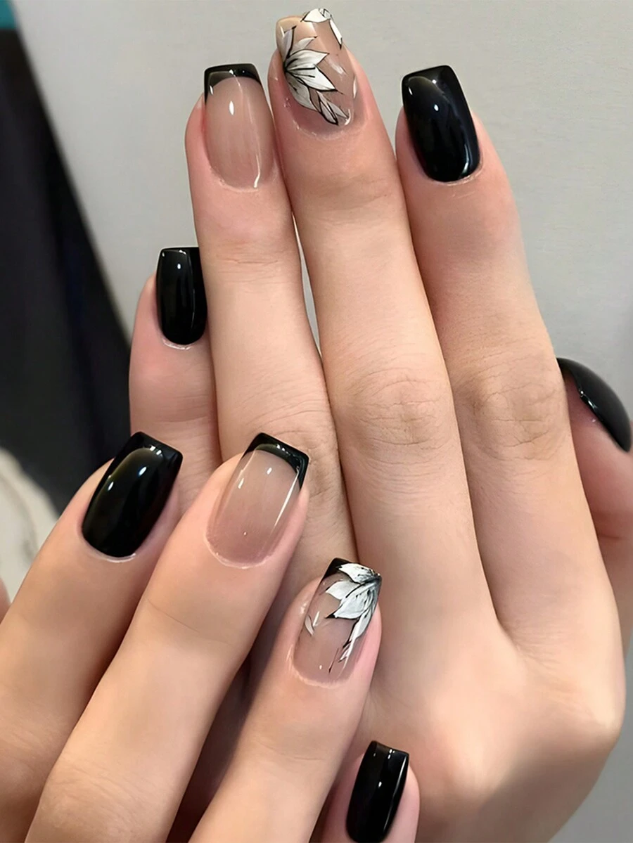 24pcs Short Nails Square French Ink Flower Petal Shadow Design Nail Art ...