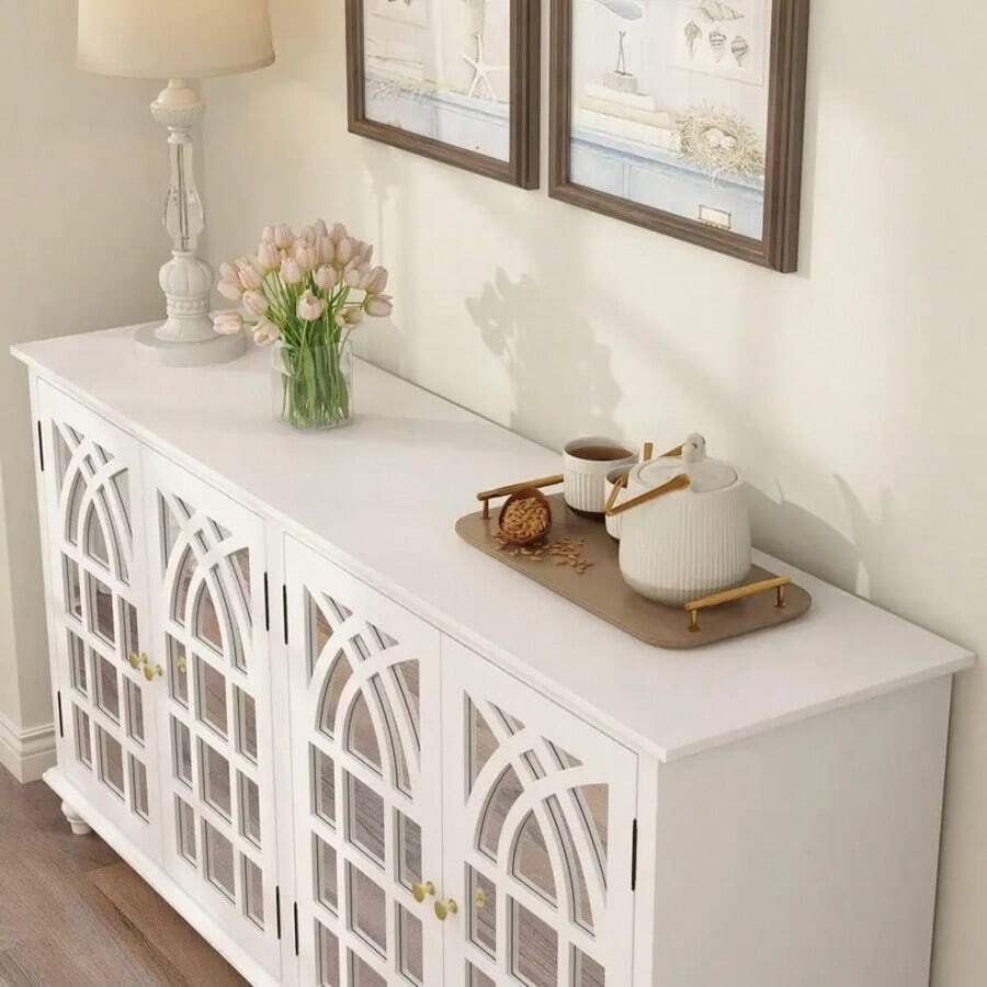 Convex Sideboard With 6 Storage Compartments & 4 Carved Mirror Doors ...
