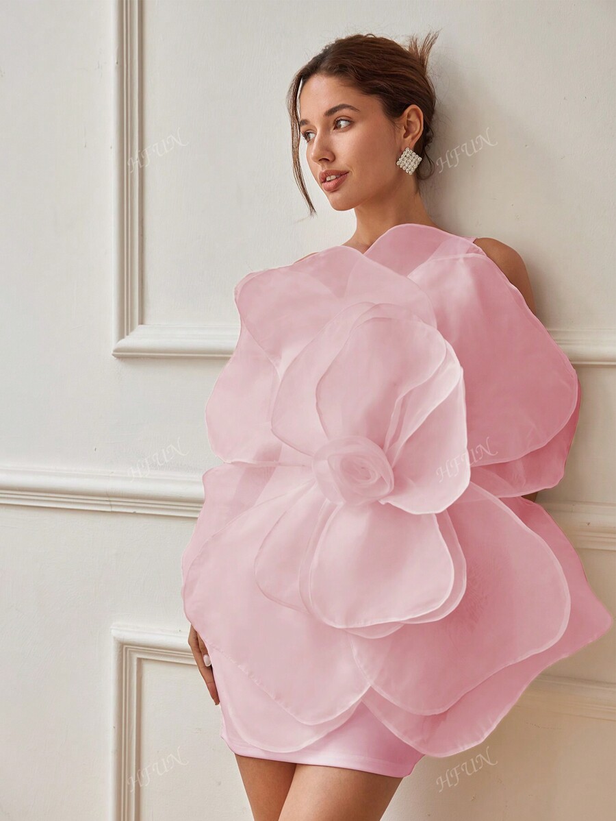 Women's One-Shoulder Backless Dress With 3D Rose Floral Design, Daring ...