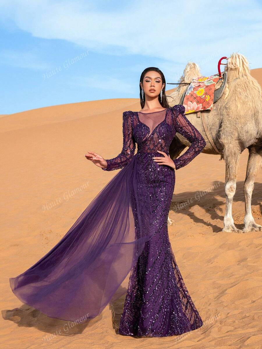 Glamorous Sheer Bodice Sequin Beaded Formal Party Dress & Evening Gowns ...