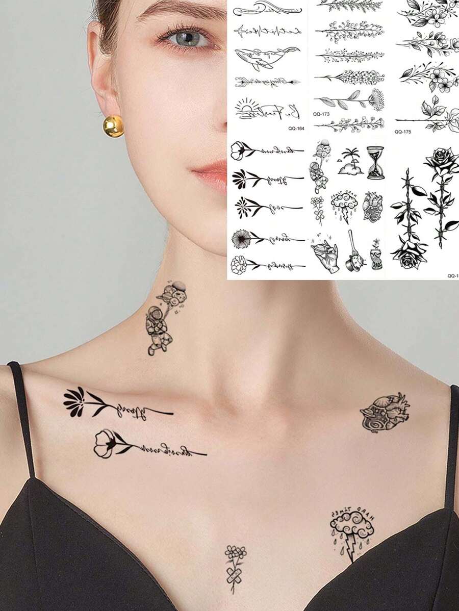30 Sheets Black Line Temporary Tattoos, Rose Wildflower And Leaf Sun ...