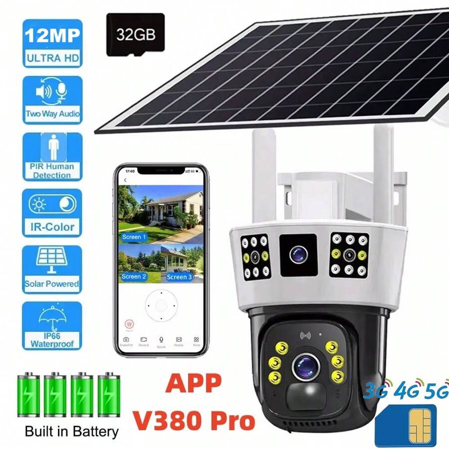 V380PRO Security Camera Household 3 Screen 4G Outdoor Solar Monitor 6K ...