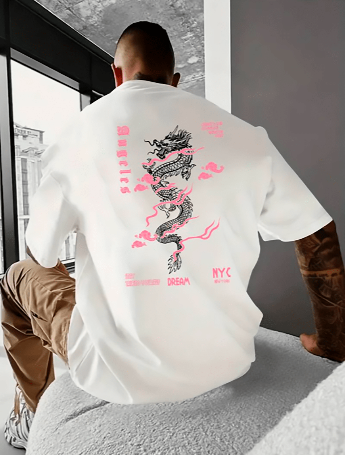 Sidecoat Camiseta Oversize com Estampa de Dragão Rosa Chines Boa ...