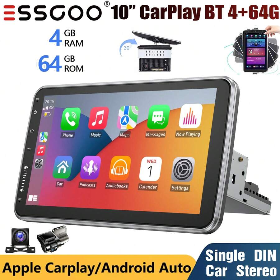 ESSGOO 4G+64G Single 1 DIN Rotatable 10'' Car Stereo Radio Android 13 ...