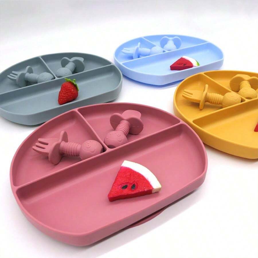 3pcs Silicone Baby Plates Set With Smiling Face Design, Anti-Slip ...