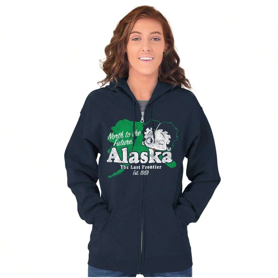 Retro Betty Boop Alaska State Outline Zip Hoodie Sweatshirt Women ...