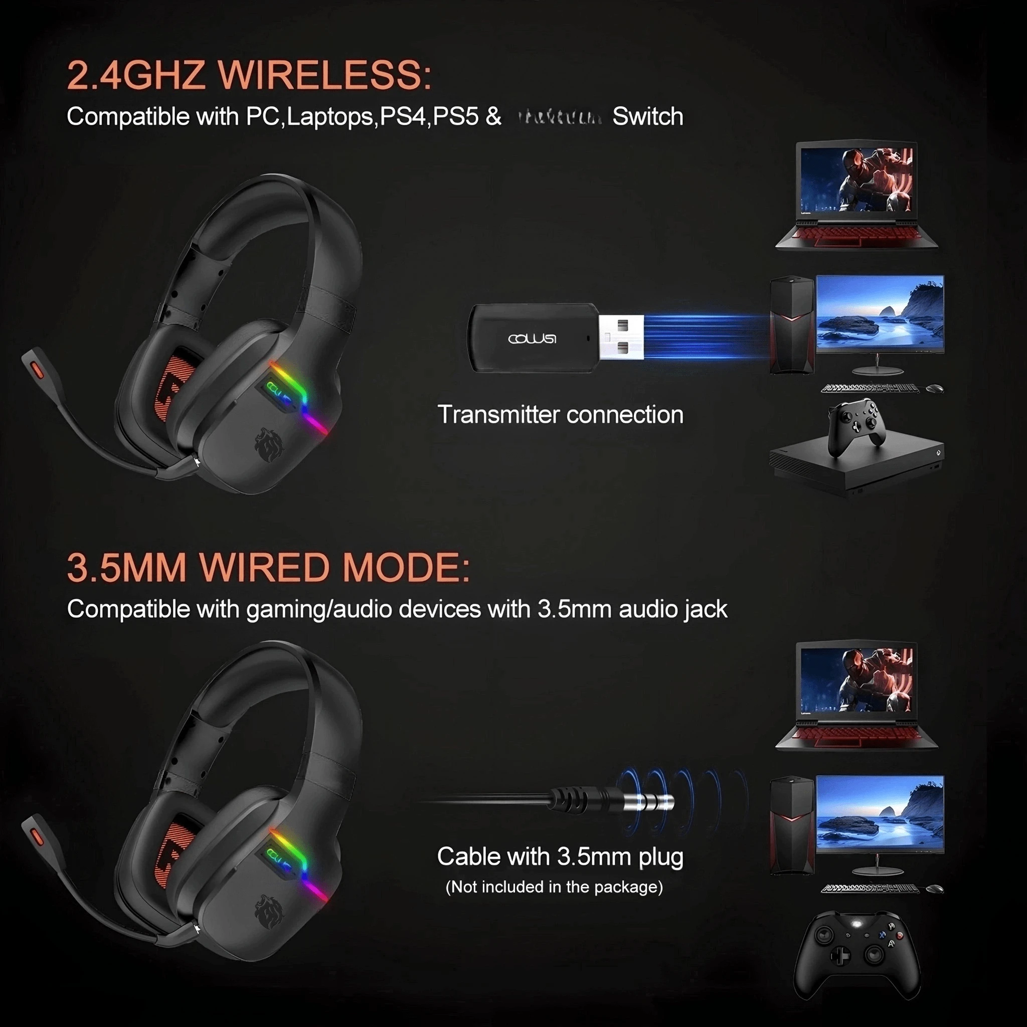 COLUSI Colusi Wireless Gaming Headset,30H Playtime With Detachable ...