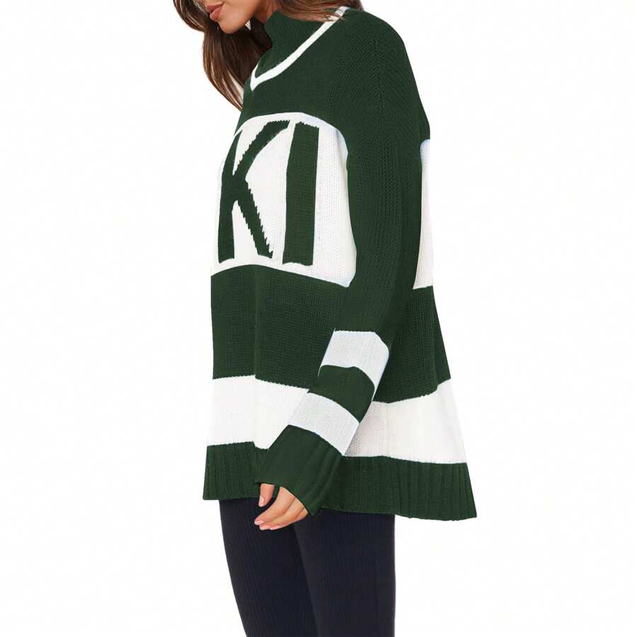 Womens Sweaters Fall 2024 Oversized Color Block Ski Sweater Crewneck ...