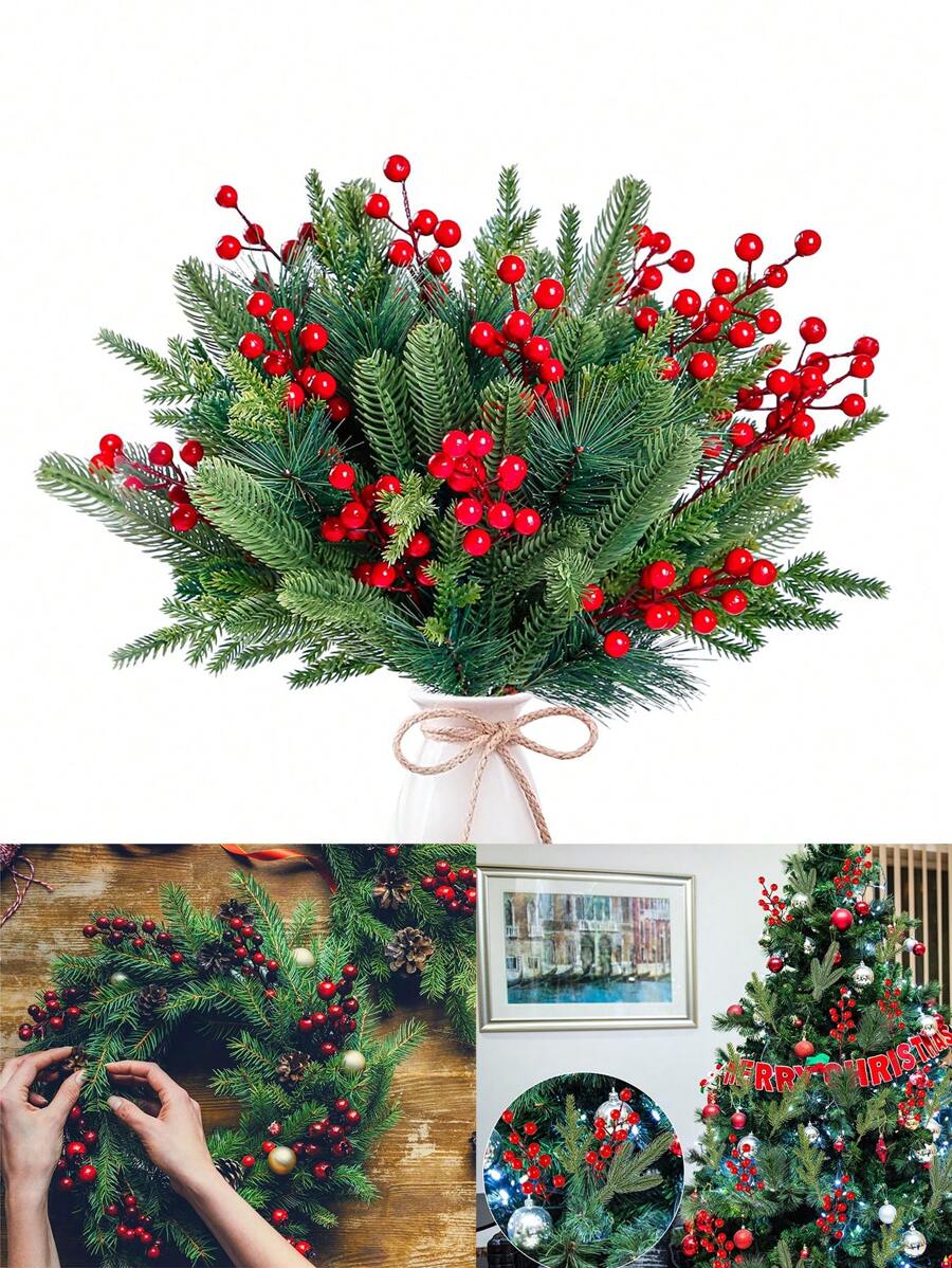 20 pezzi/10 pezzi/2 pezzi Rami di pino artificiali con bacche rosse ...