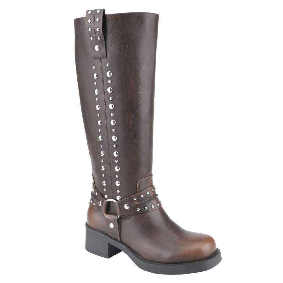 ILLUDE Women Knee-High Riding Boots Retro Buckles And Rivets Low Heel ...