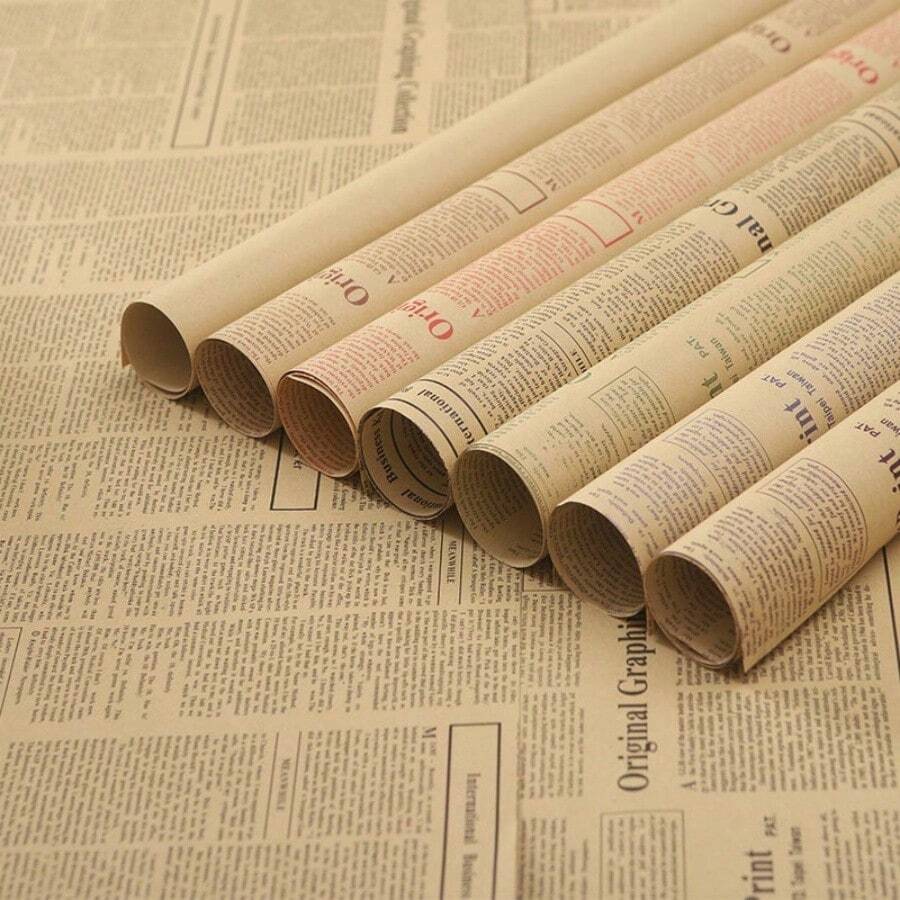 Newspaper Flower Bouquet Gift Wrapping Paper, English Text, Kraft Paper ...