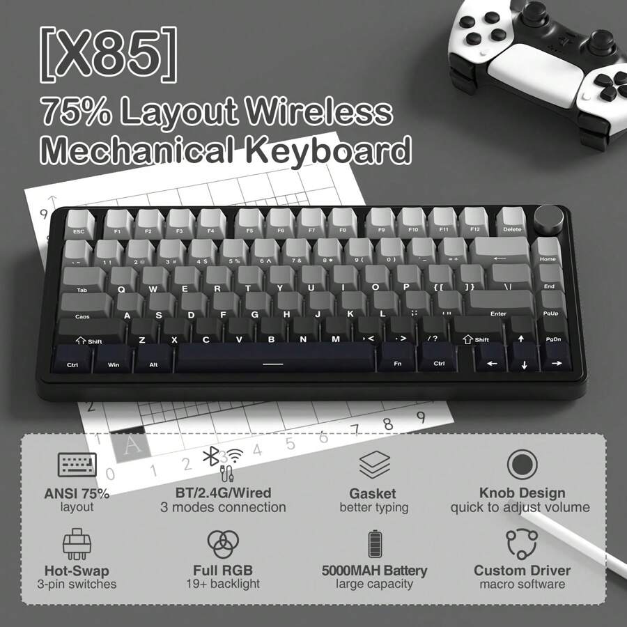 ATTACK SHARK X85 Wireless Gaming Keyboard With Knob Hot Swappable 75% ...